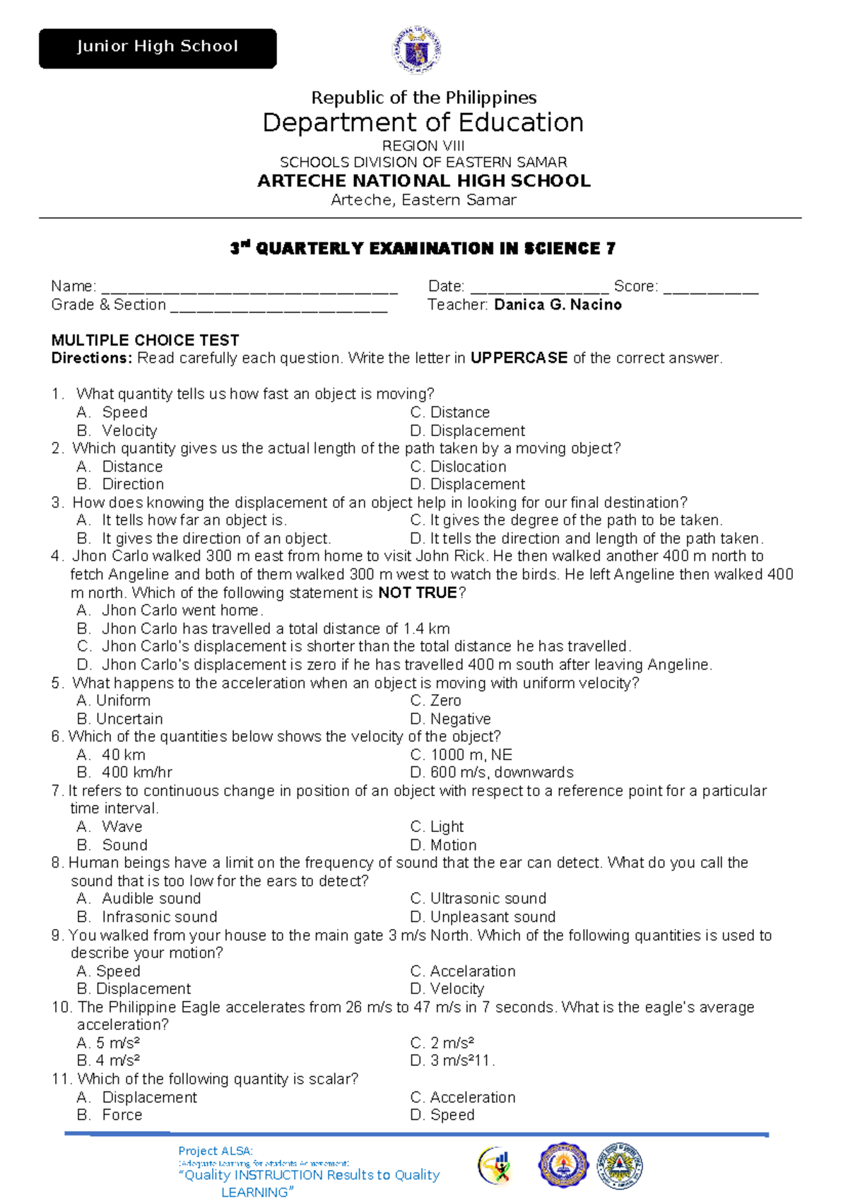 TQ G7 Q3 TO Submit - sample test questions - Junior High School Project ...