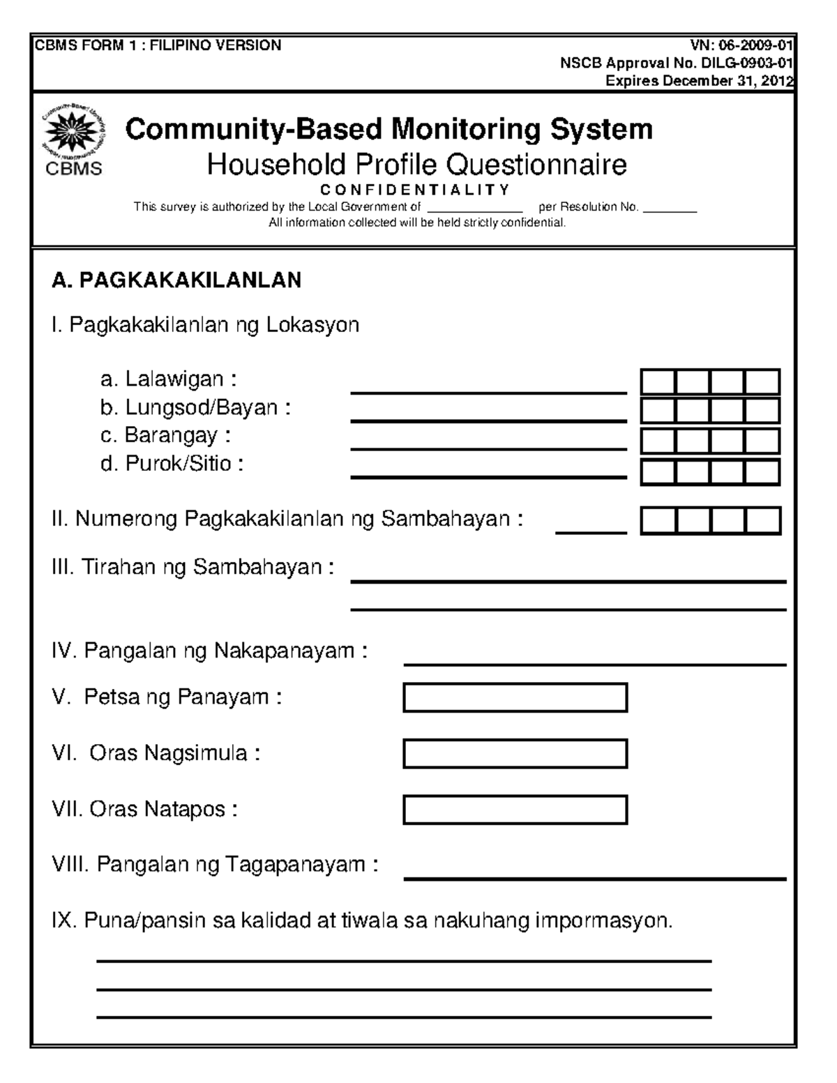 Missing Dimensions survey instrument Tagalog - CBMS FORM 1 : FILIPINO ...