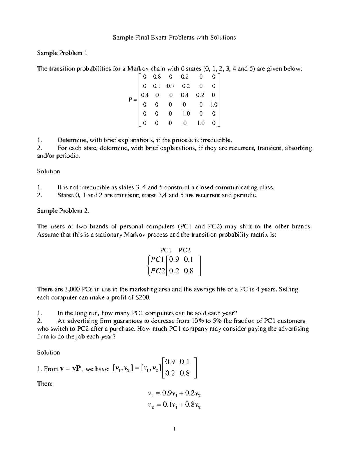 Final-Sample-Problems and Solutions - 1 Sample Final Exam Problems with ...