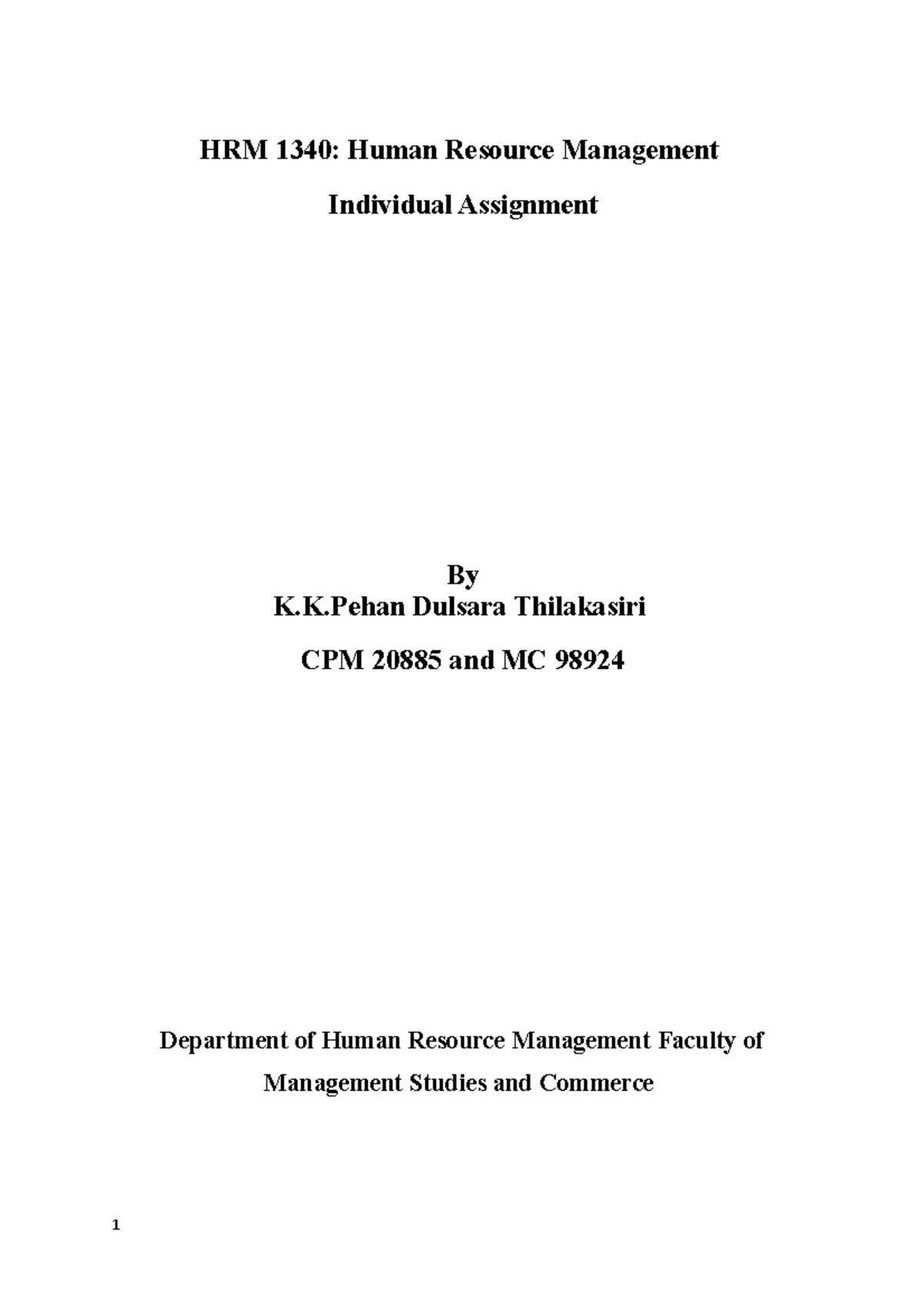 HR assignment - human - HRM 1340: Human Resource Management Individual ...