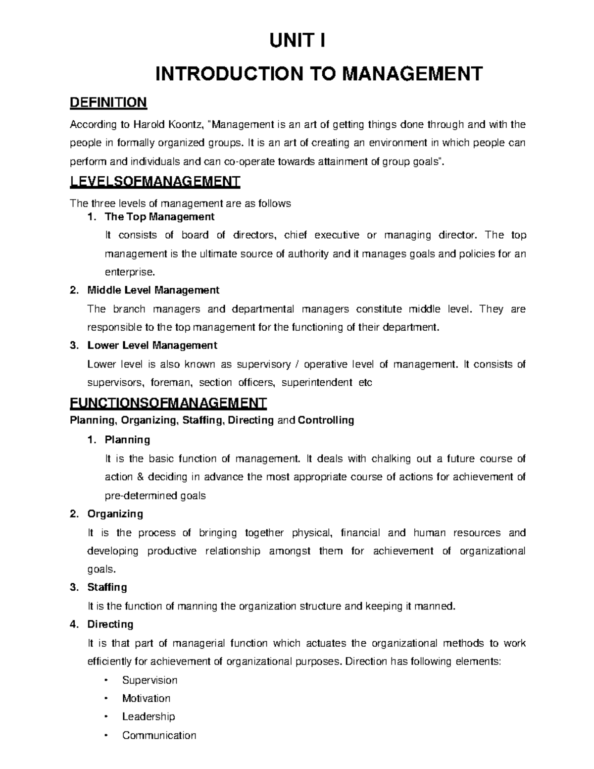 MG6851-Principles of Management-1071431489-POM unit 1 - UNIT I DEFINITION According to Harold ...