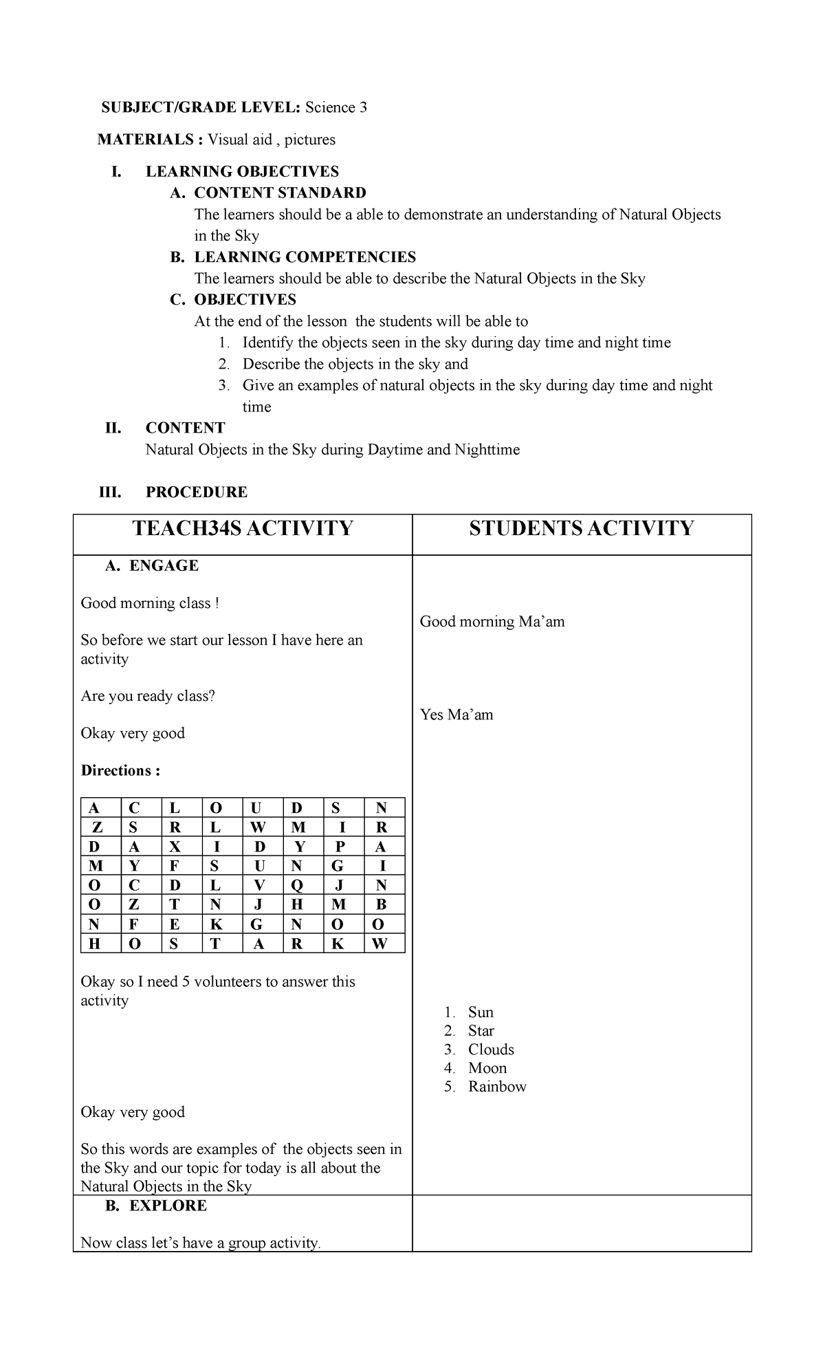 Natural Objects IN THE SKY LP in Science - SUBJECT/GRADE LEVEL: Science ...