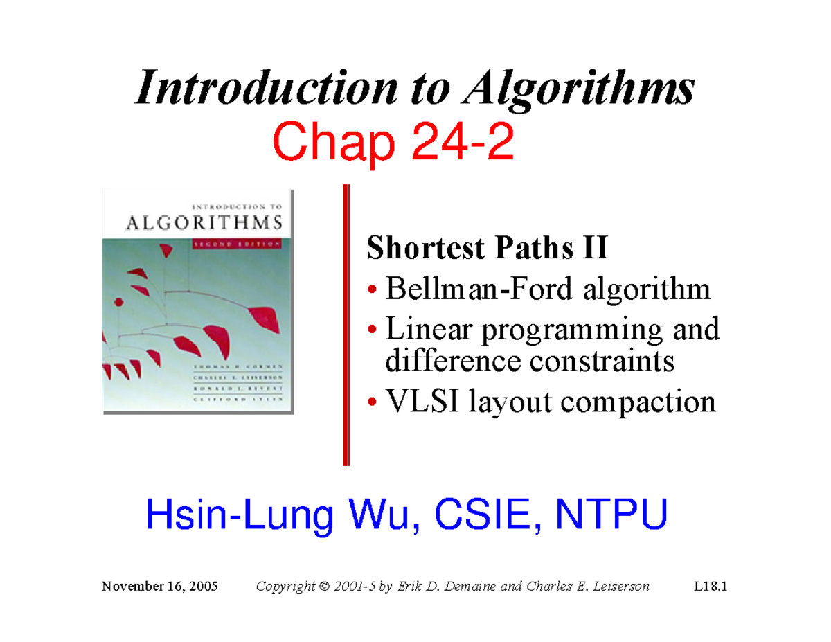 Chap24-2 - Chap24-2 - Introduction to Algorithms Shortest Paths II ...