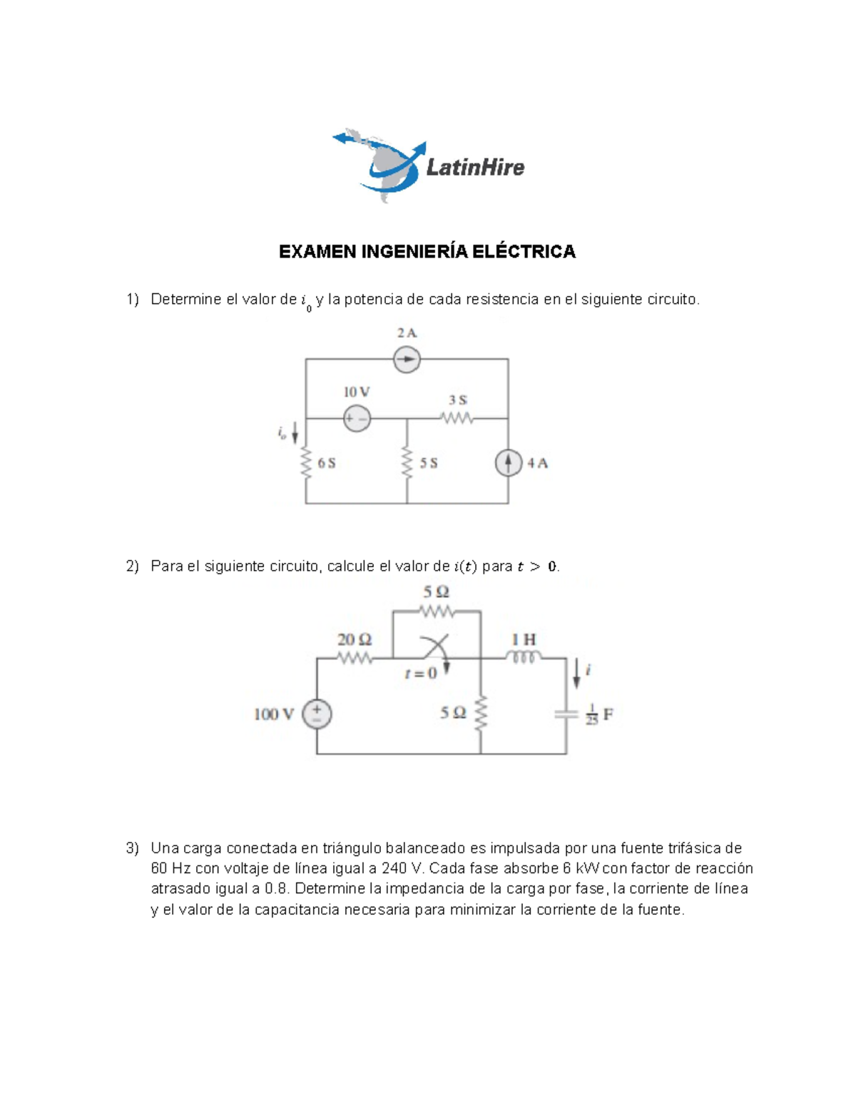 Ingeniería Eléctrica - asdfh - EXAMEN INGENIERÍA ELÉCTRICA Determine el ...