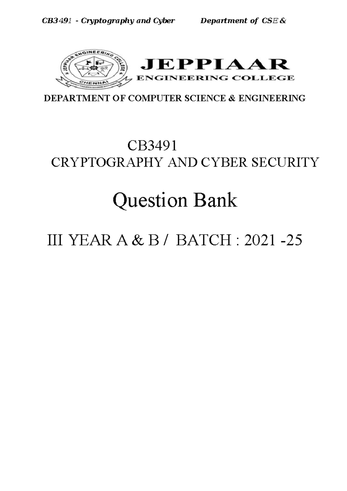 CB3491 Crptography AND Cyber Security - Security CCE DEPARTMENT OF ...