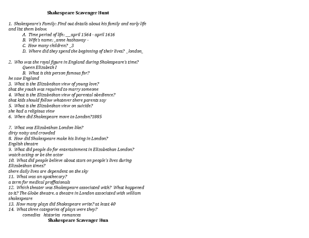 Copy of Shakespeare Scavenger Hunt - Shakespeare Scavenger Hunt ...