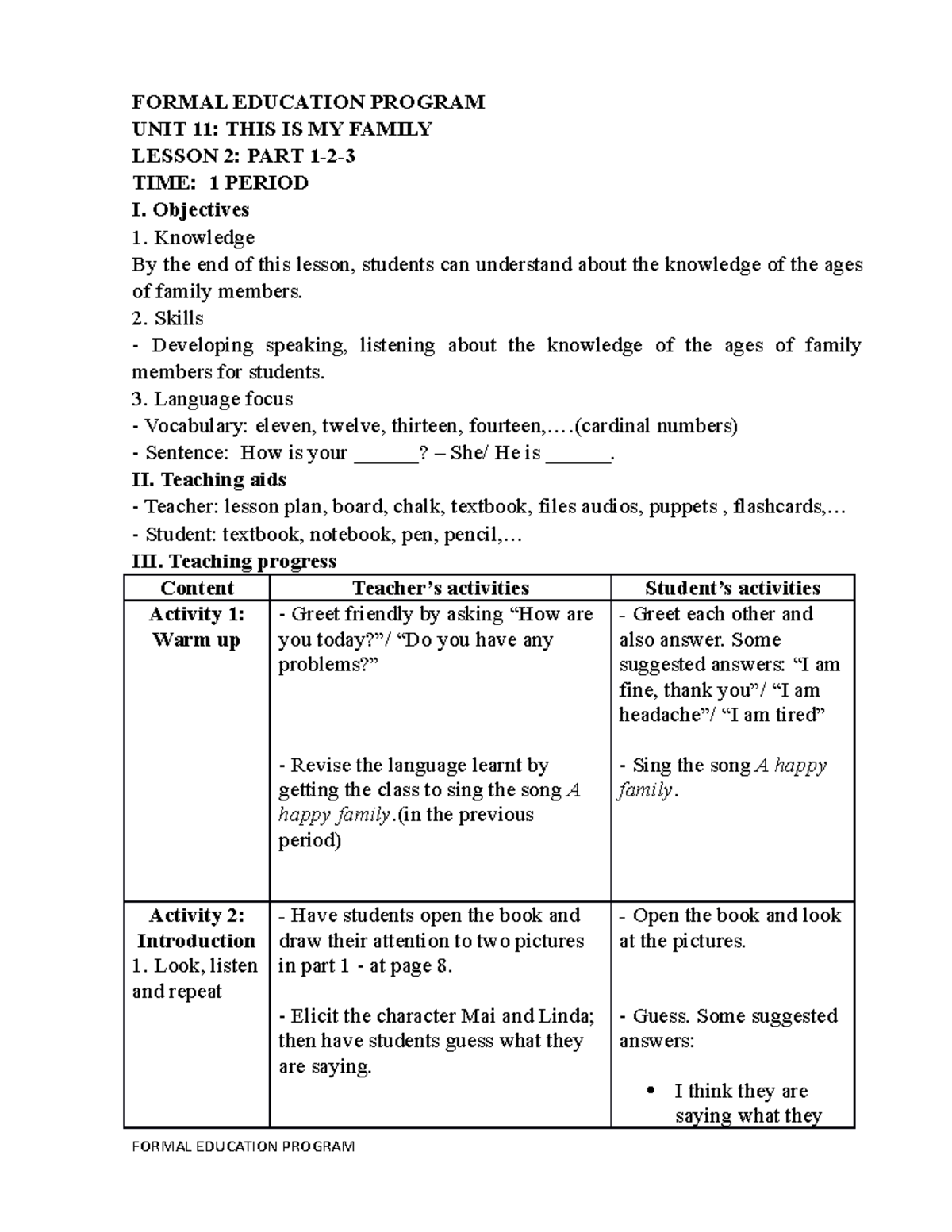 KHBD-trẻ khiếm thị - FEFEE - FORMAL EDUCATION PROGRAM UNIT 11: THIS IS ...