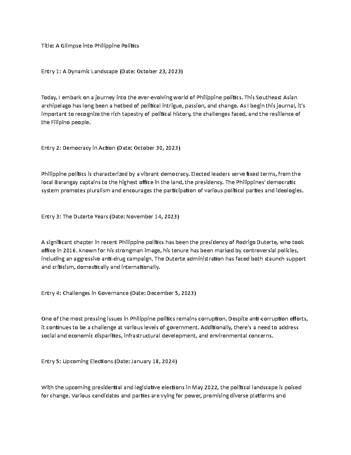 Journal - Title: A Glimpse into Philippine Politics Entry 1: A Dynamic ...