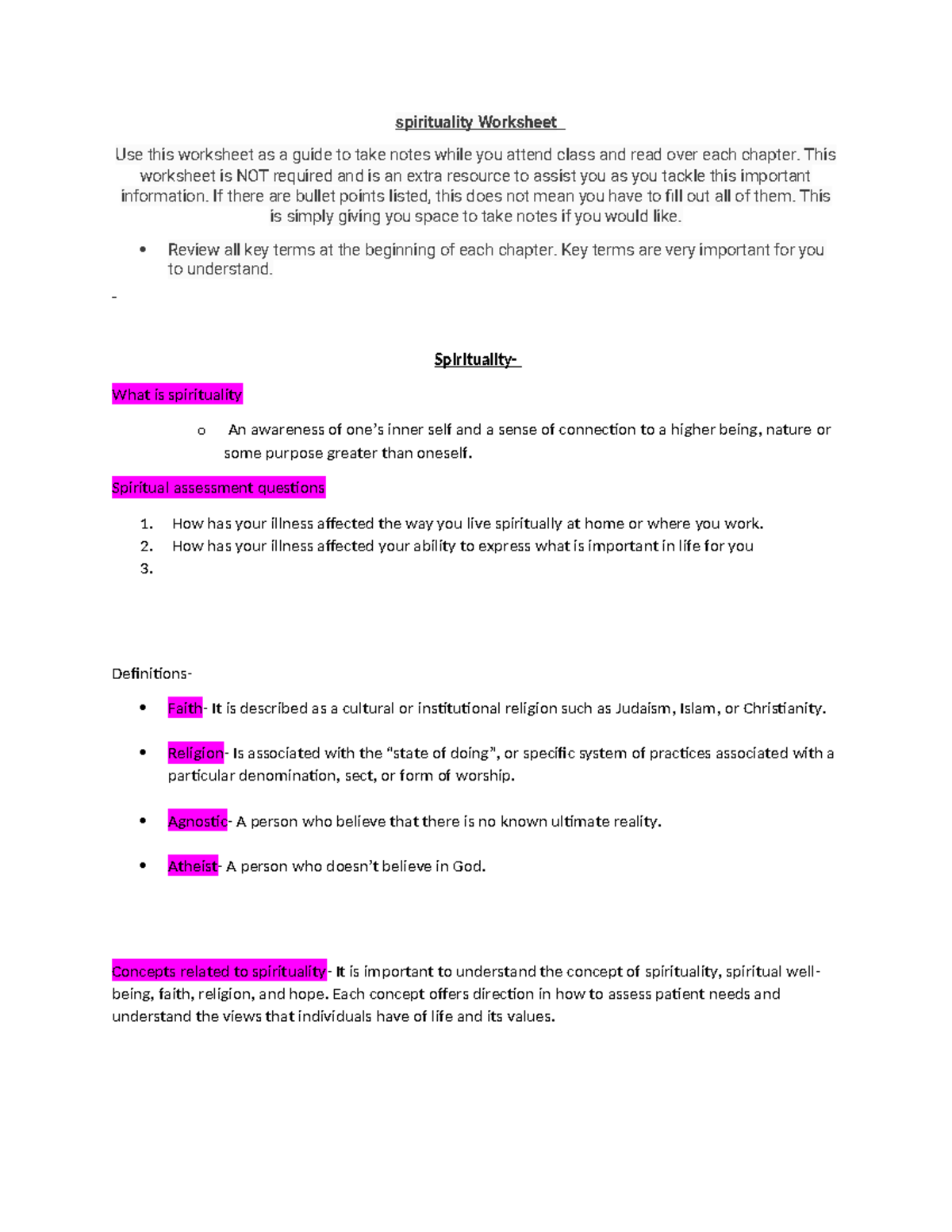 Spirituality worksheet - spirituality Worksheet Use this worksheet as a ...
