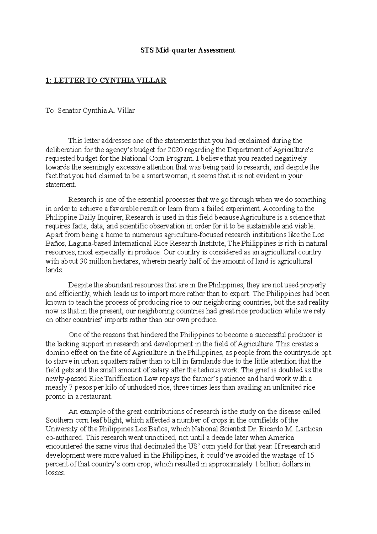 STS Mid-quarter Assessment Letter to Cynthia - STS Mid-quarter ...