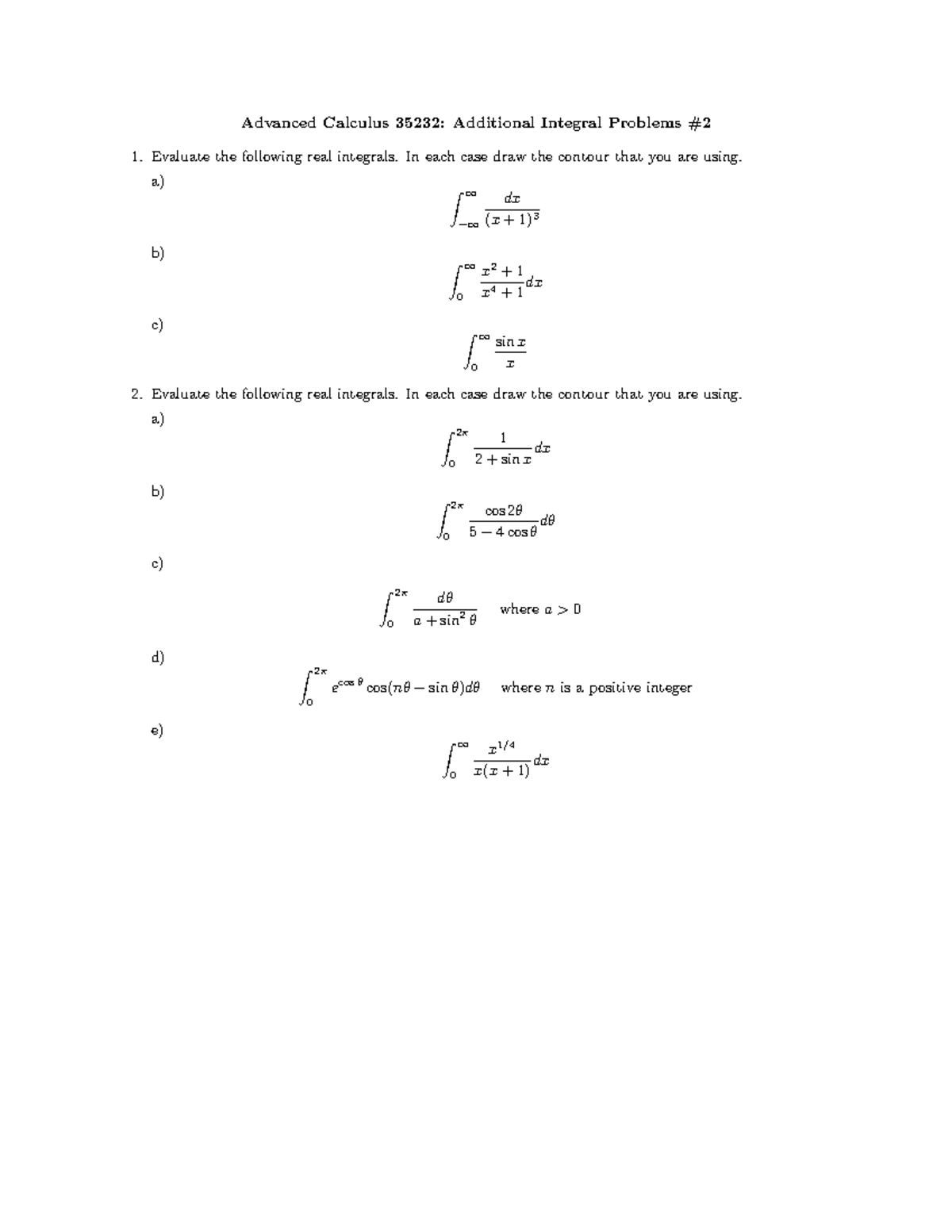 Additional integral problems 2 - Advanced Calculus 35232: Additional ...