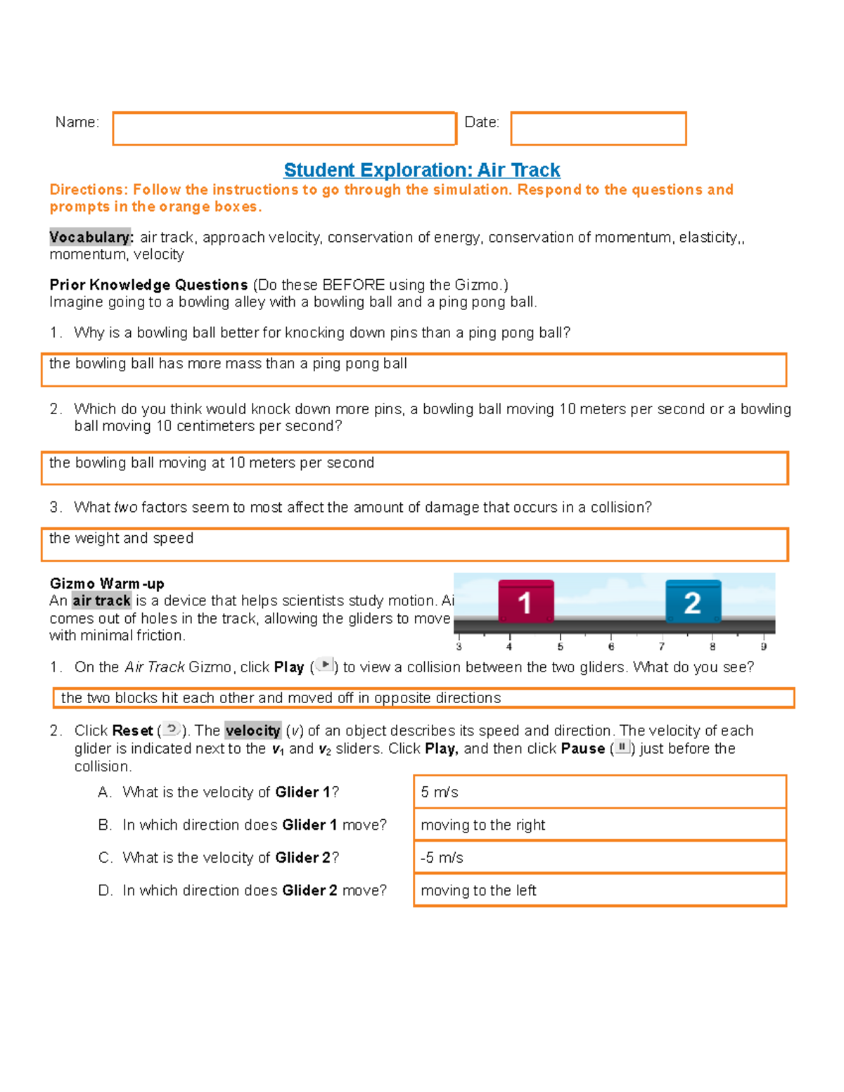 Gizmos Air Track - Name: Date: Student Exploration: Air Track ...