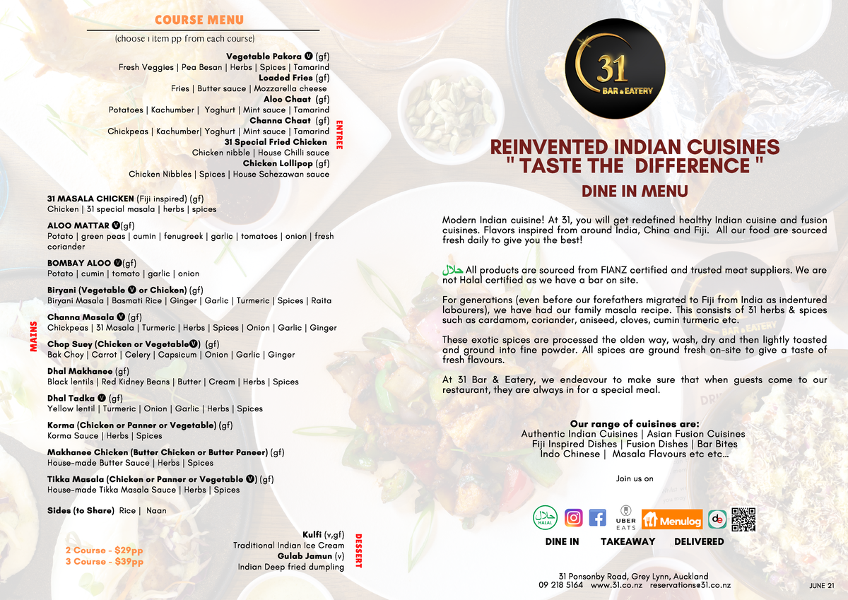31 bar eatery dinning menu - JUNE 21 REINVENTED INDIAN CUISINES " TASTE ...