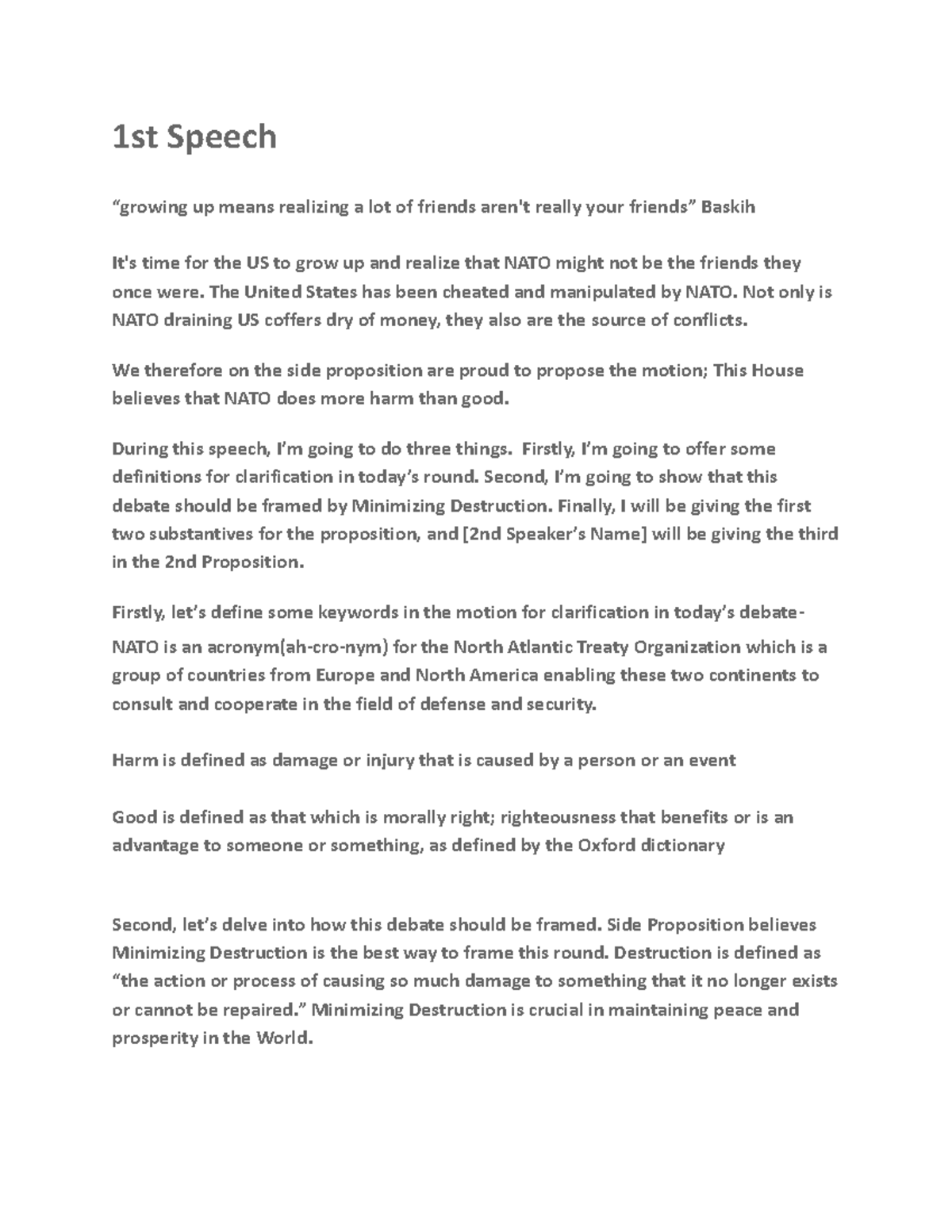 1st and 2nd Speech NATO - 1st Speech “growing up means realizing a lot ...