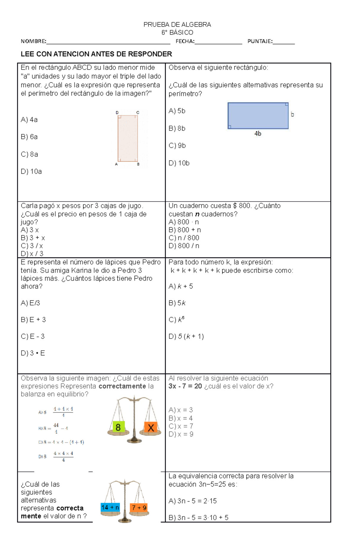 Prueba DE Algebra - PRACTICA - PRUEBA DE ALGEBRA 6° BÁSICO - Studocu