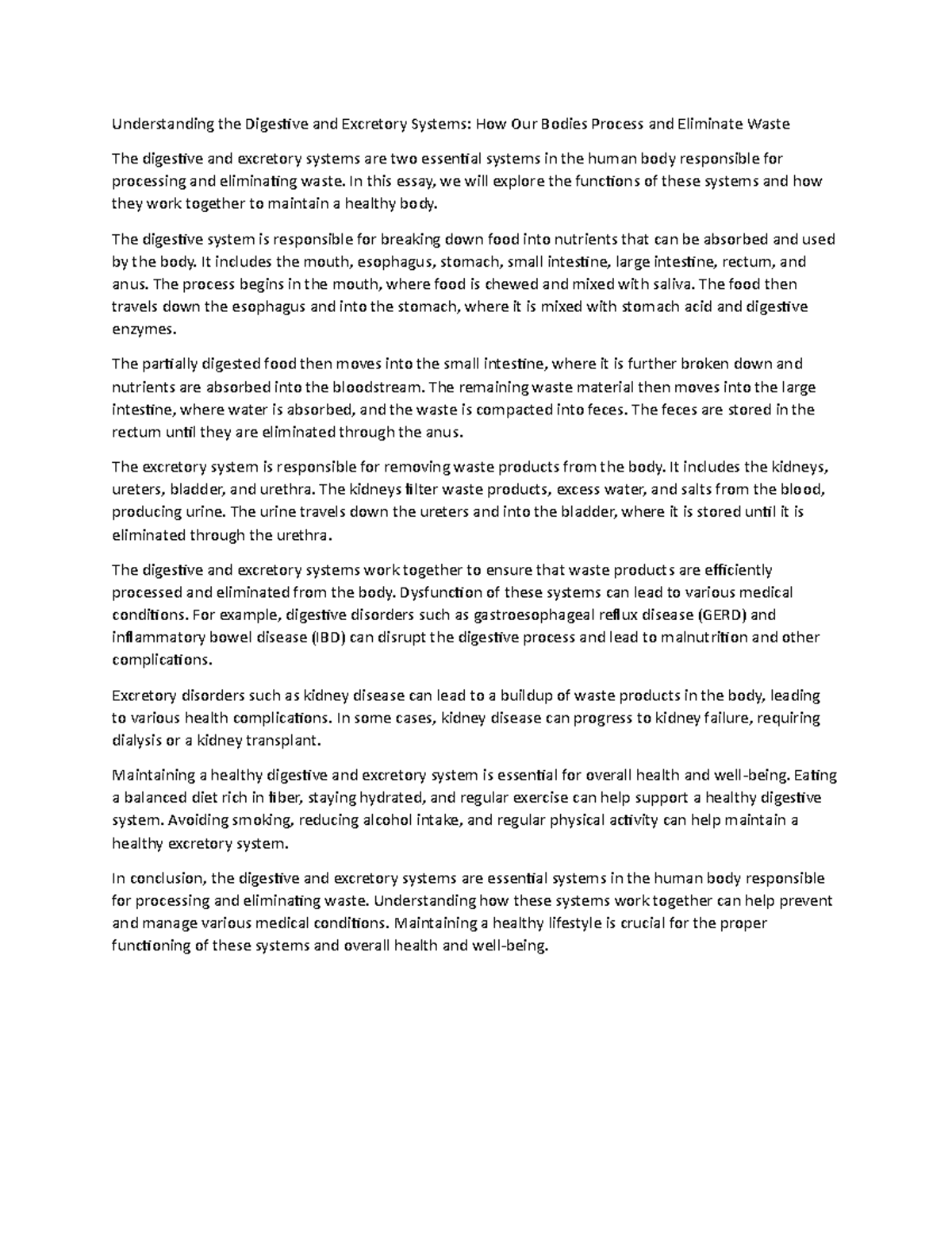 Understanding The Digestive And Excretory Systems In This Essay We