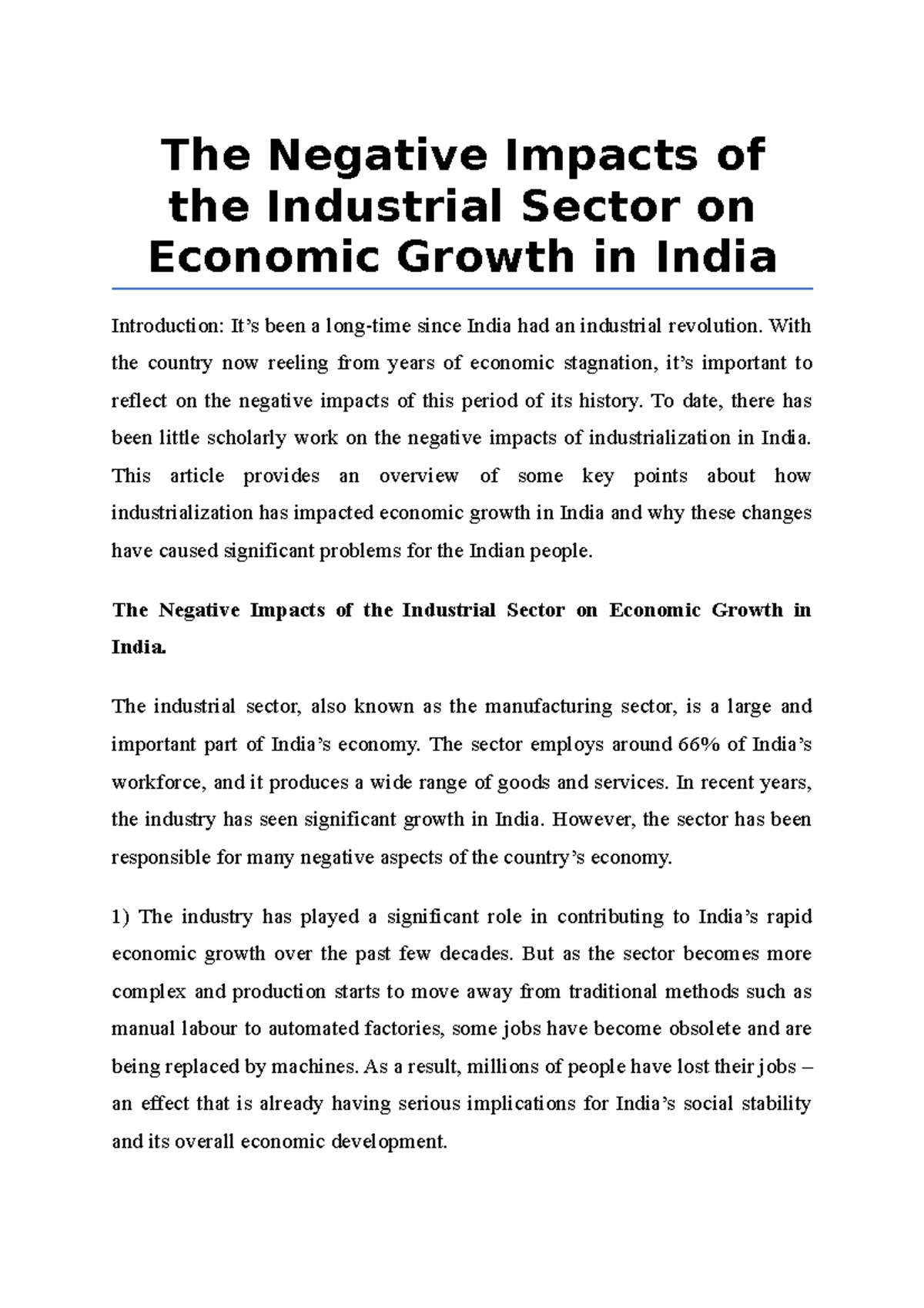 The Negative Impacts of the Industrial Sector on Economic Growth in ...