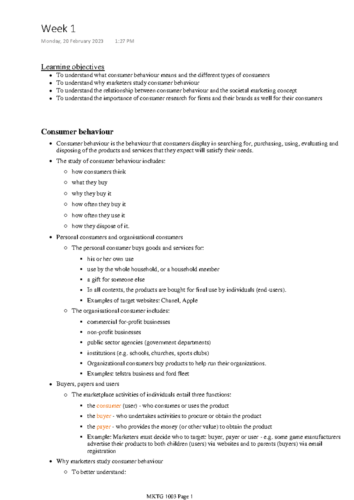 MKTG 1003 - Learning objectives To understand what consumer behaviour means and the different ...