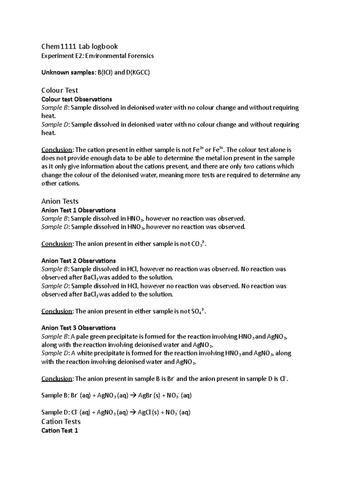 E2 Lab logbook - Chem1111 Lab logbook Experiment E2: Environmental ...