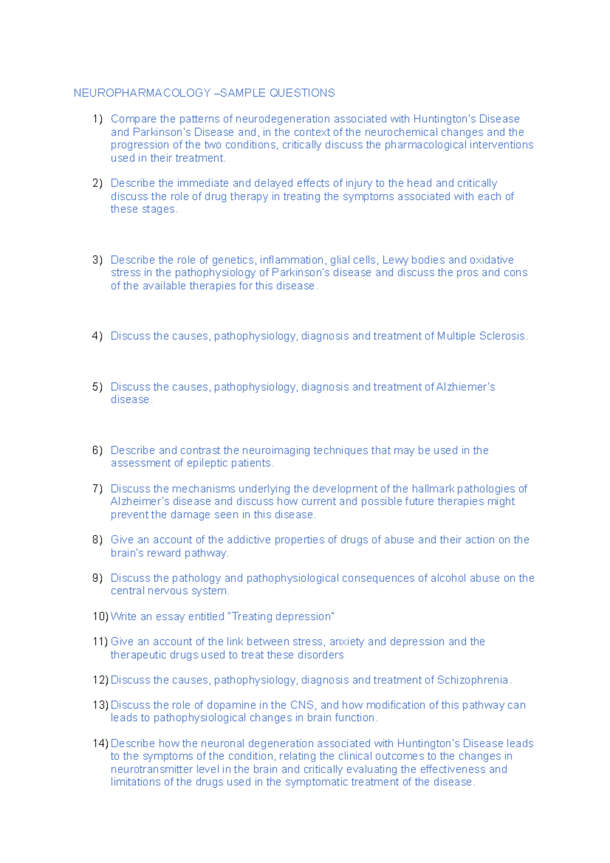 Sample/practice exam 2019, questions - NEUROPHARMACOLOGY –SAMPLE ...