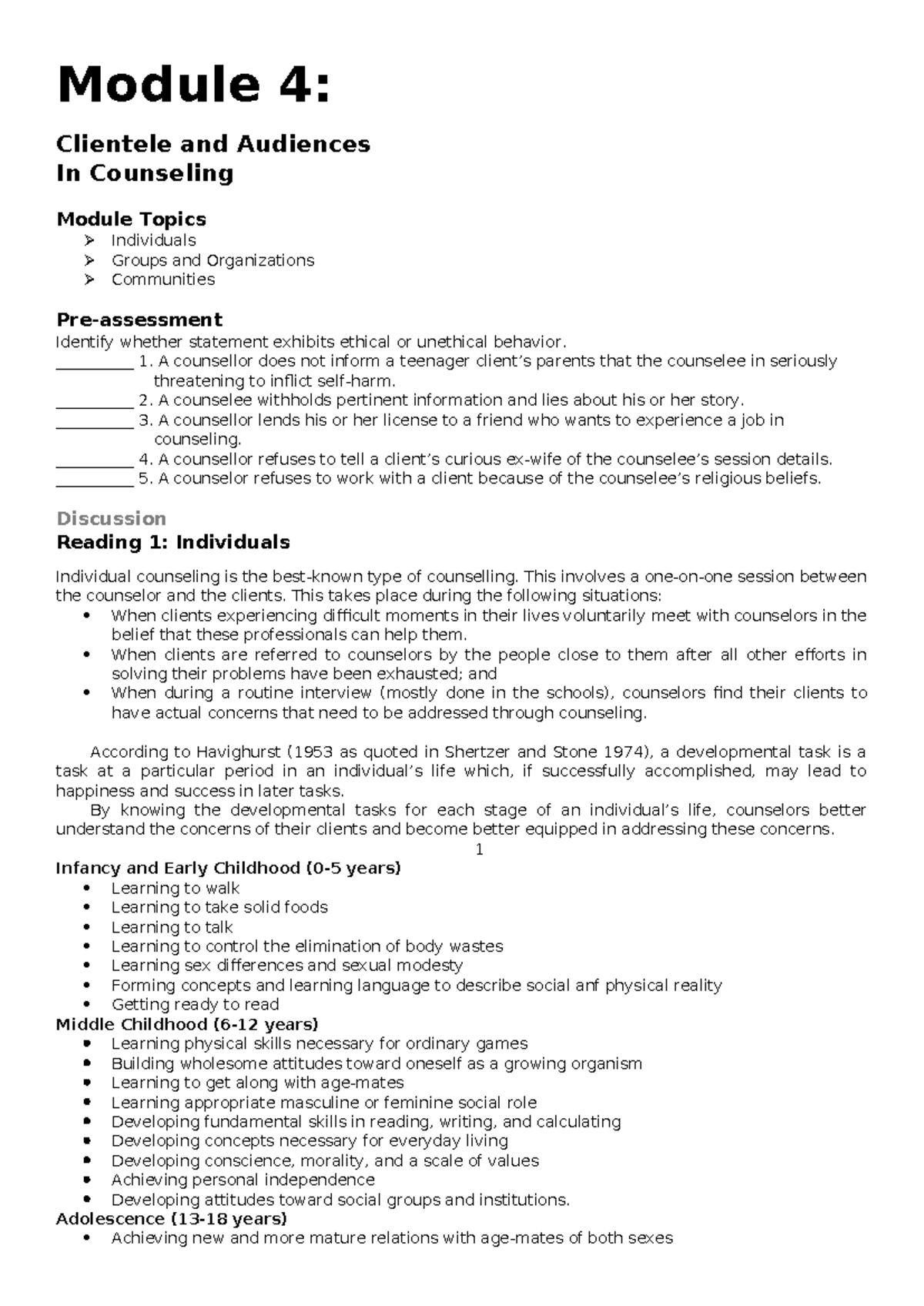 Module-4 - Handout - Module 4: Clientele and Audiences In Counseling Module Topics Individuals ...