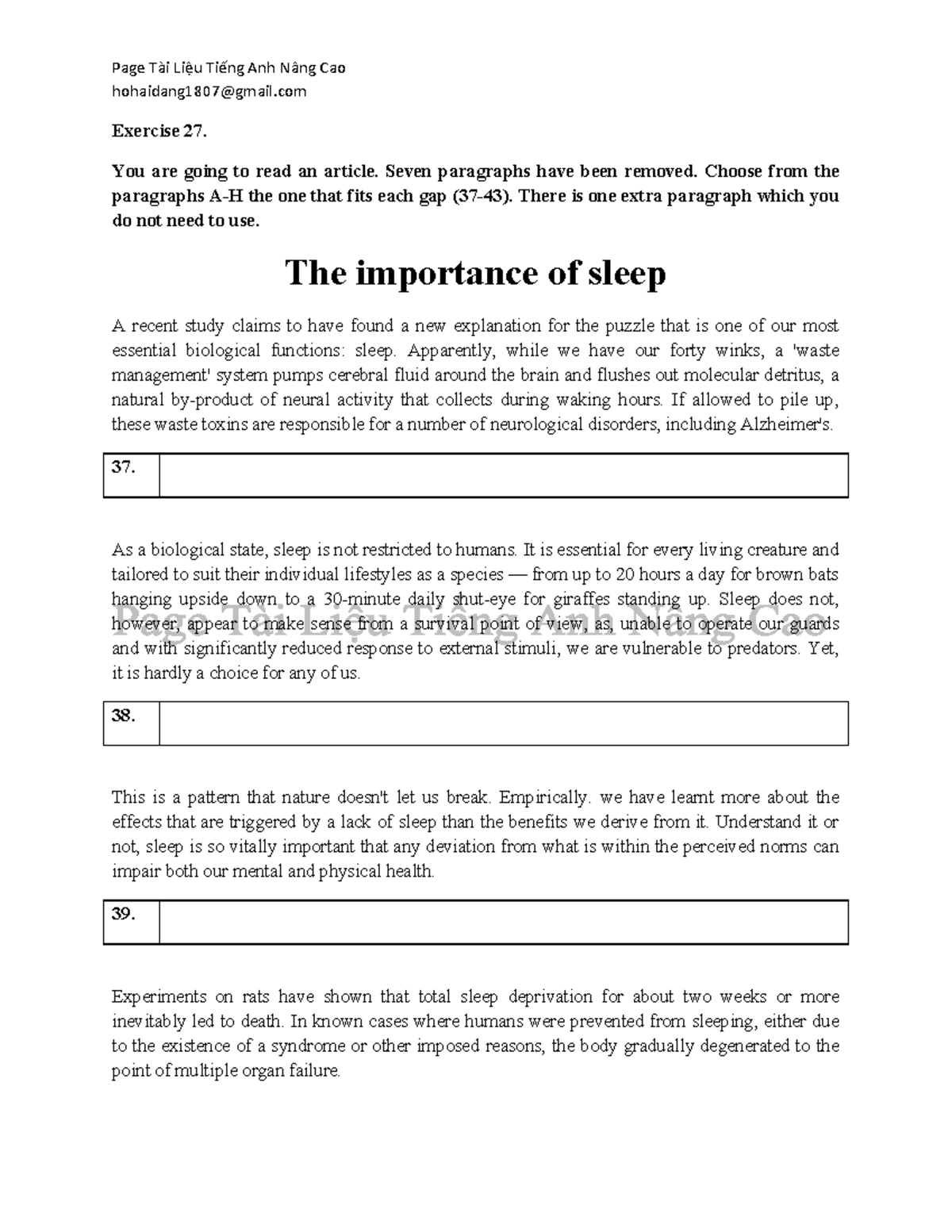 5. THE Importance OF Sleep - hohaidang1807@gmail Exercise 27. You are ...