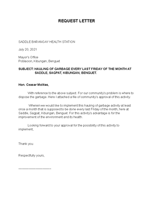 Request Letter - REQUEST LETTER SADDLE BARANGAY HEALTH STATION July 20 ...