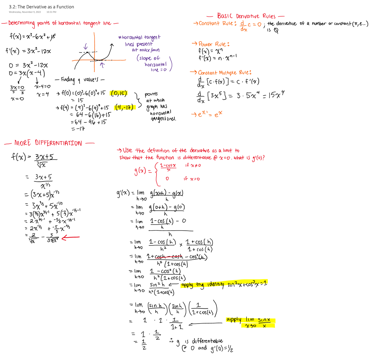 3.2 The Derivative as a Function - . dx 15 Q horizontal tangent lines ...