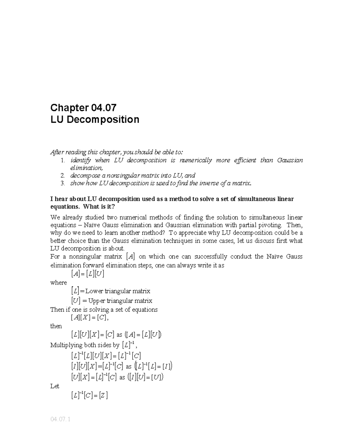 2-week-07-ludecomp - yiuioo;l,m - 04. Chapter 04. LU Decomposition After reading this chapter ...