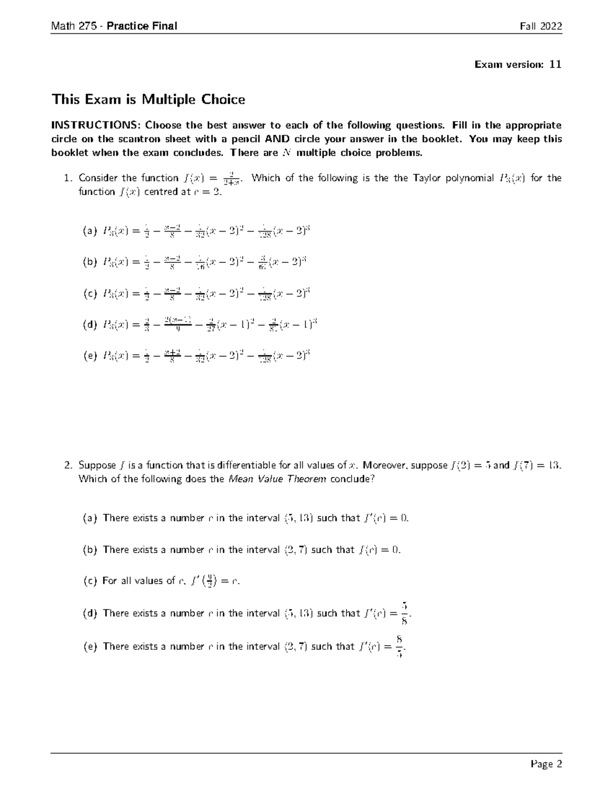 MATH275 MC Final Exam practice - Exam version: 11 This Exam is Multiple ...