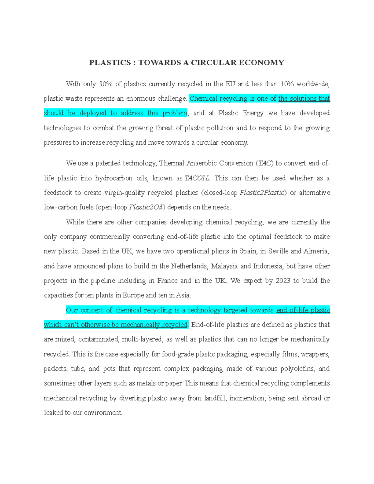 Bahasa Inggris - Text Analysis Adjective, Adverb, Noun Clause - PLASTICS : TOWARDS A CIRCULAR ...