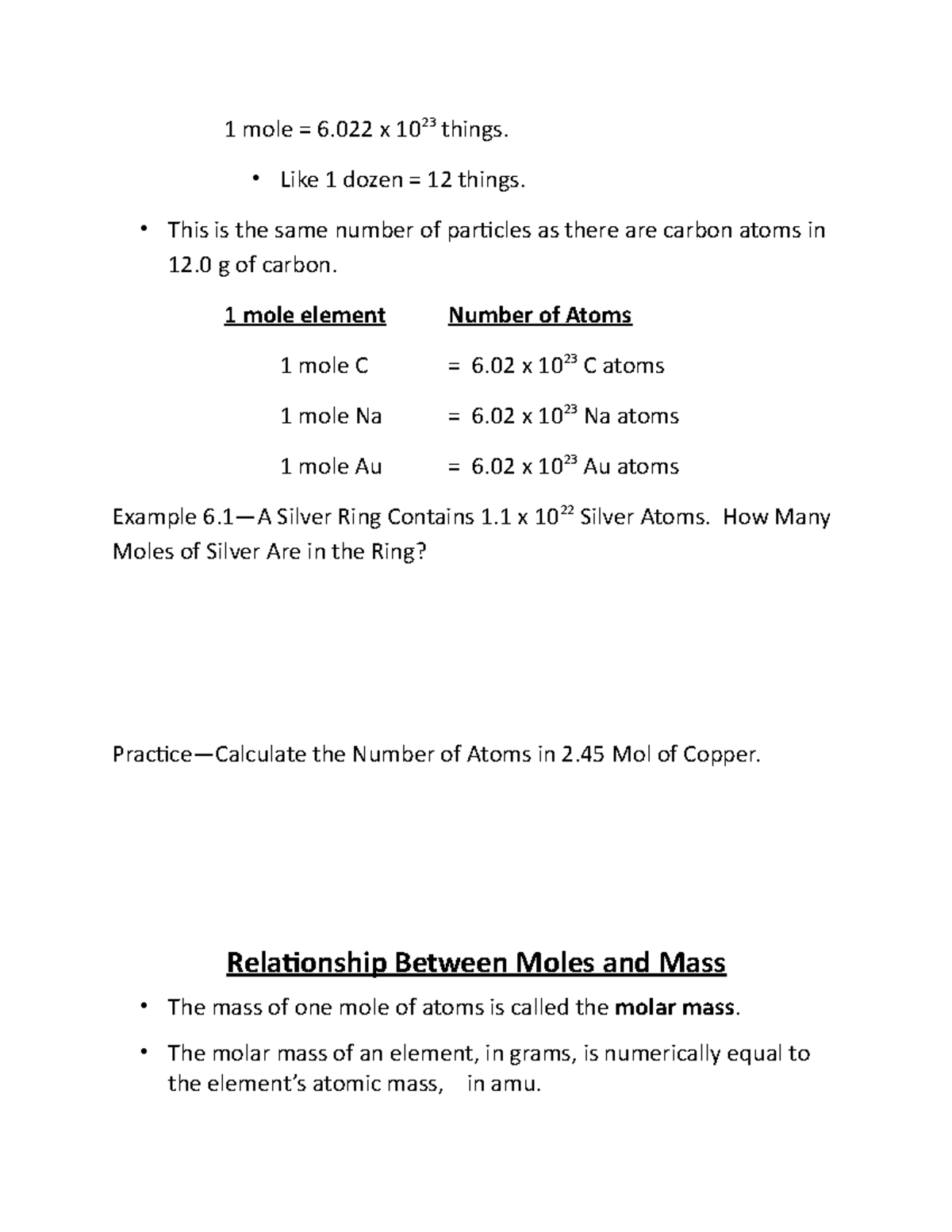 CH-6- Relationship Between Moles and Mass - 1 mole = 6 x 10 23 things ...