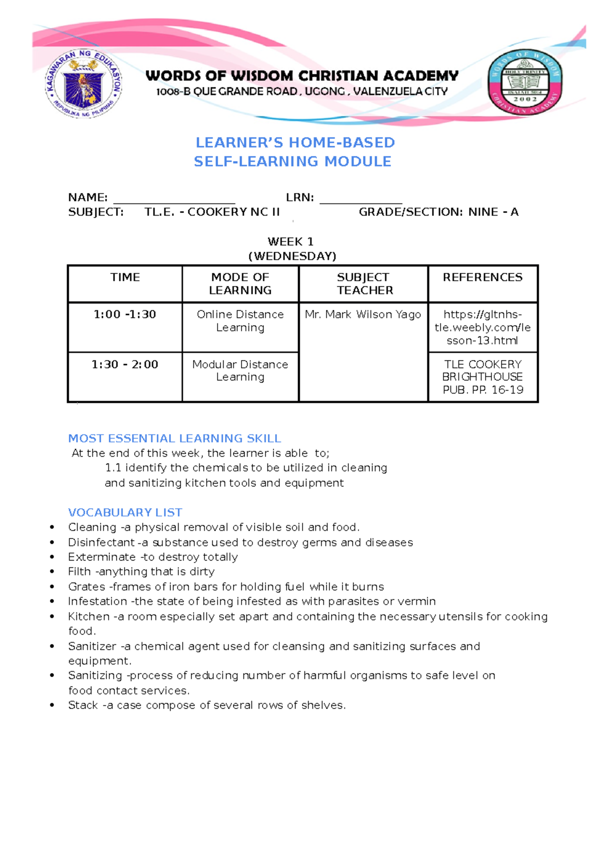 Lesson 1 Tle Module Lecture Notes 1 Learners Home Based Self