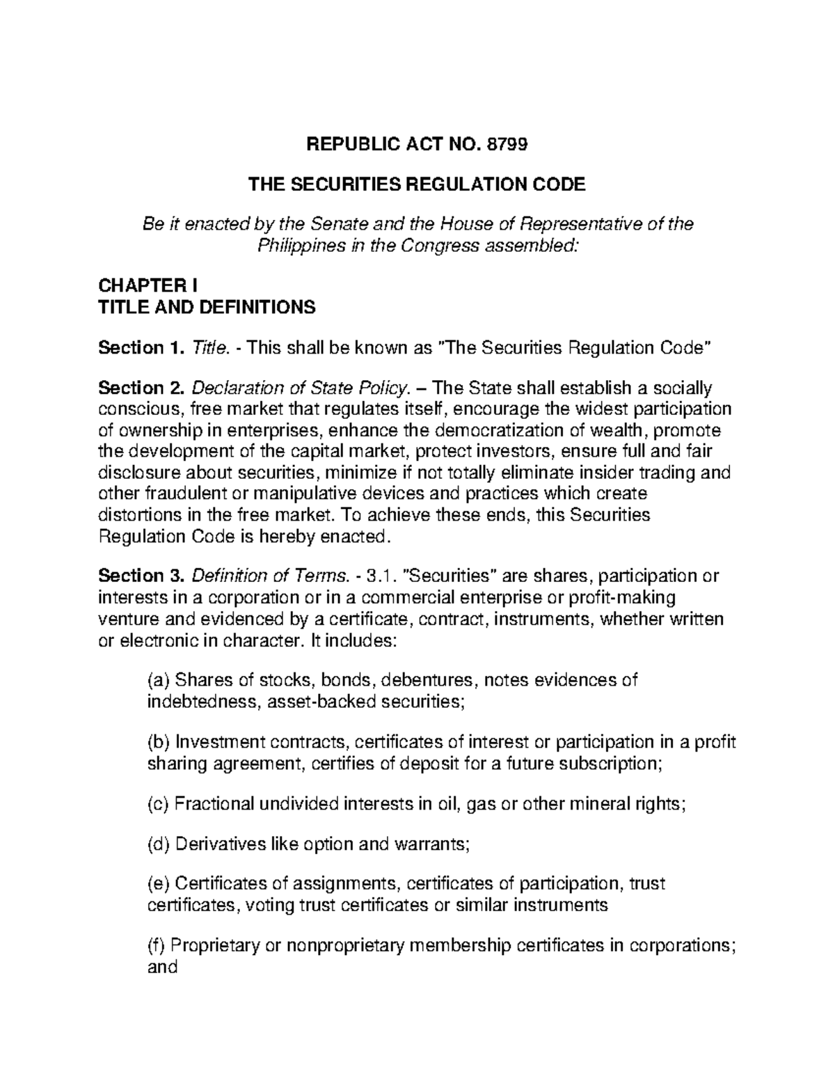 Securities Regulation Code RA8799 - REPUBLIC ACT NO. 8799 THE ...