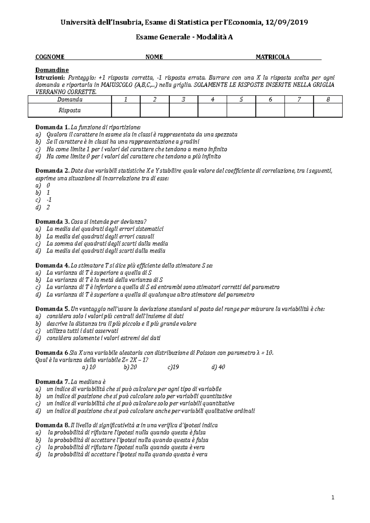 Statistica per l'economia 12.9.19 A - Università dell’Insubria, Esame ...