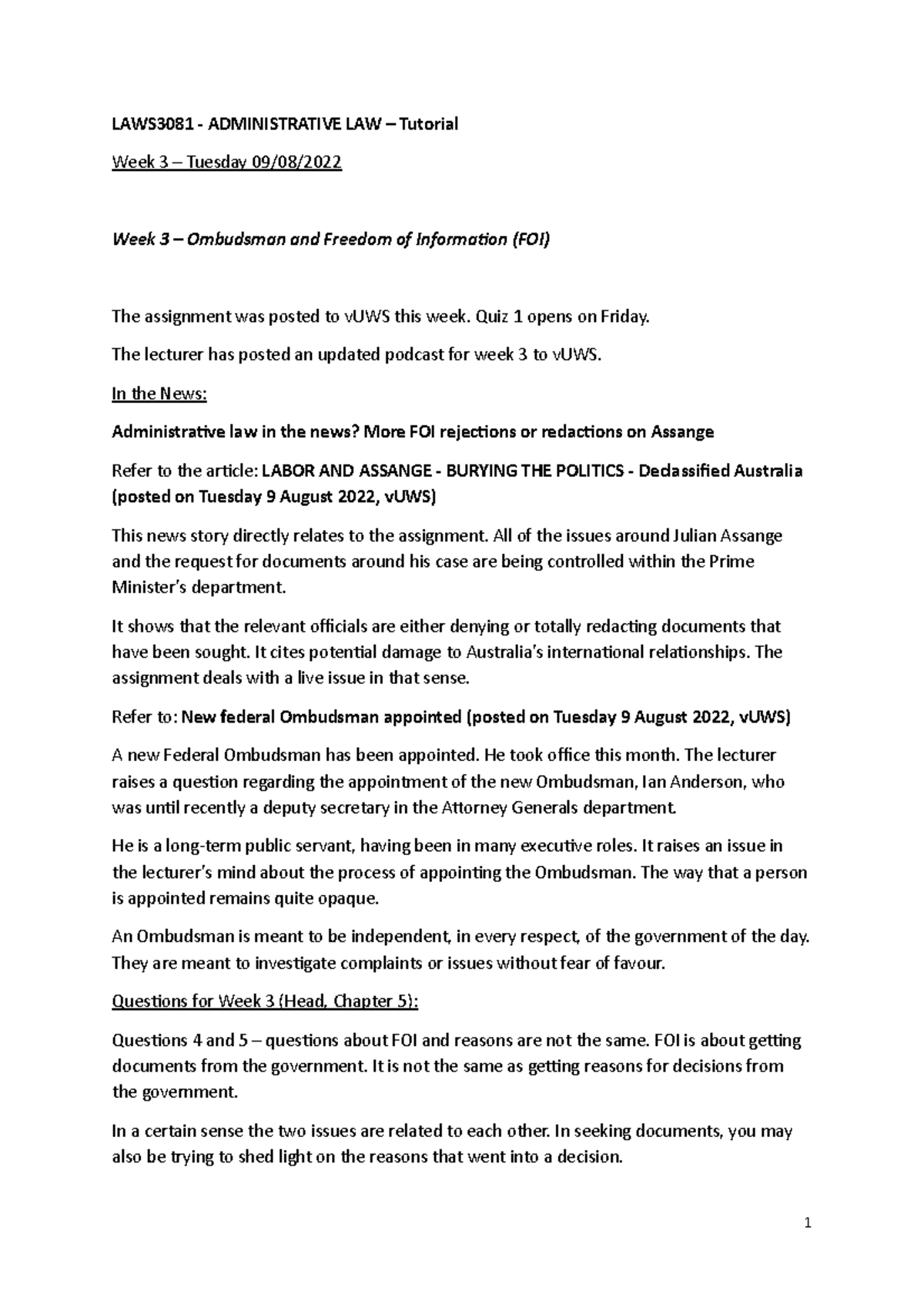 LAWS3081 - Administrative Law, Tutorial, Week 3 - LAWS3081 - ADMINISTRATIVE LAW – Tutorial Week ...