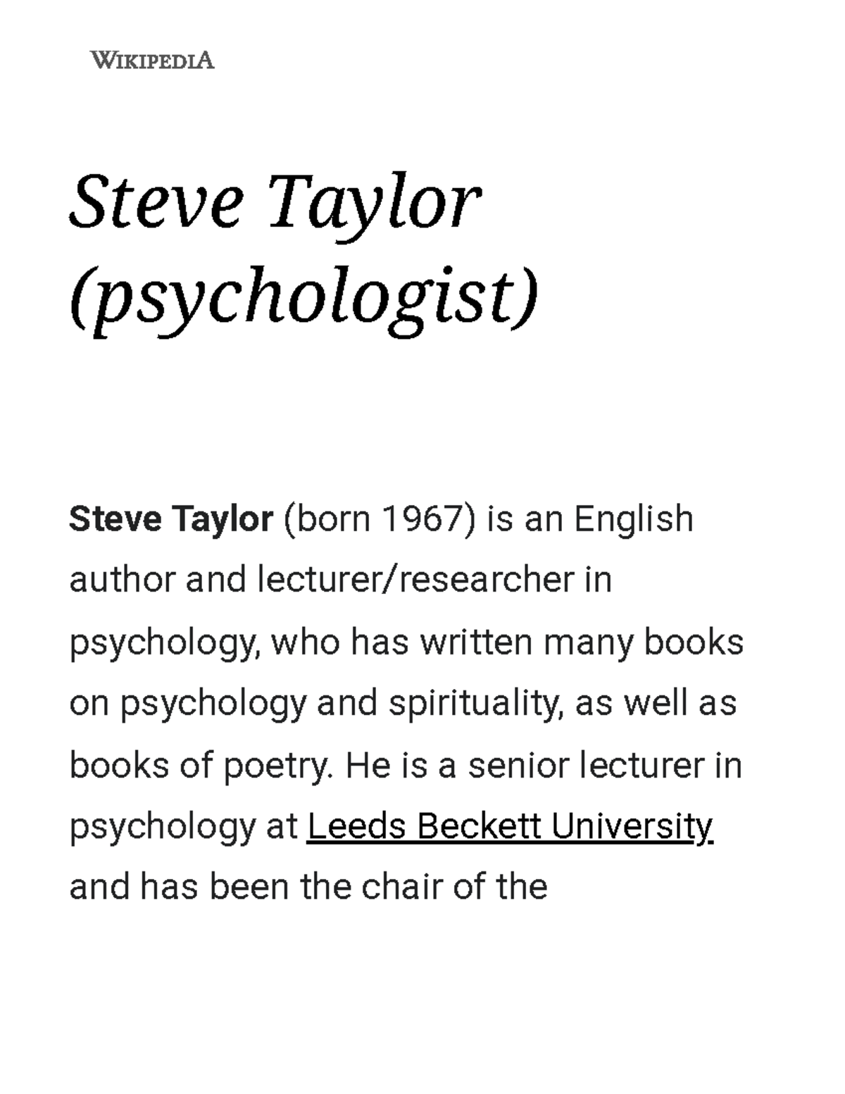 Steve Taylor (psychologist) - Wikipedia - Steve Taylor (psychologist ...