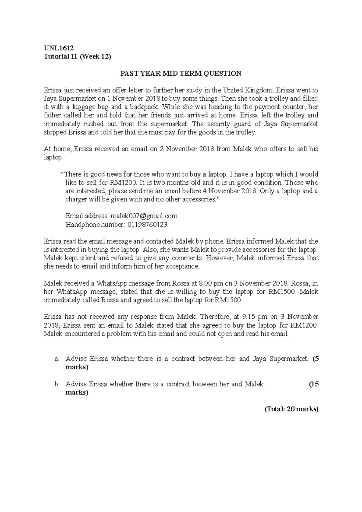 Tutorial 11 (Week 12) - UNL Tutorial 11 (Week 12) PAST YEAR MID TERM ...