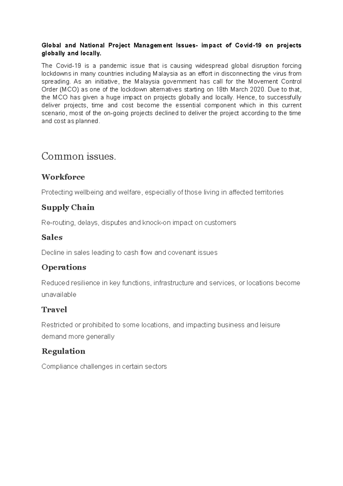 OPM655 - Global and National Project Management Issues- impact of Covid ...