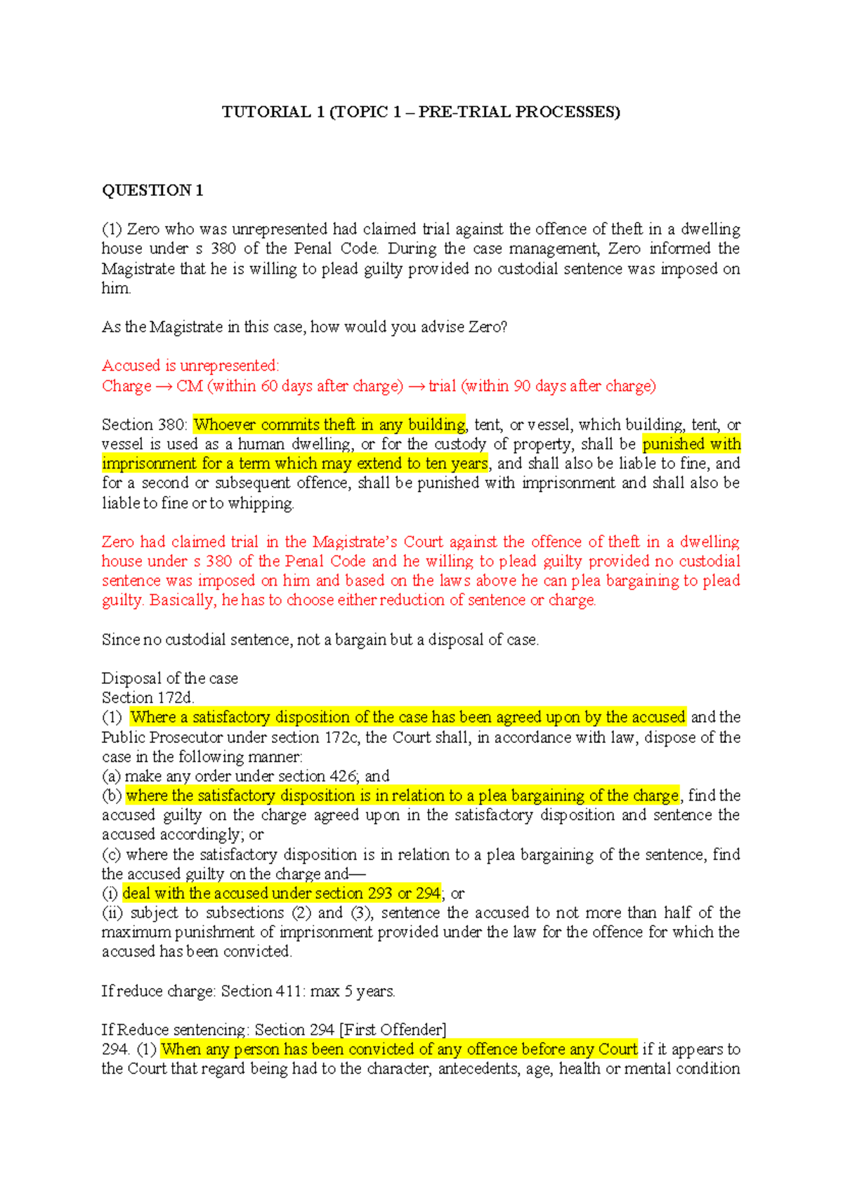 Tutorial 1 - TUTORIAL 1 (TOPIC 1 – PRE-TRIAL PROCESSES) QUESTION 1 (1) Zero who was ...