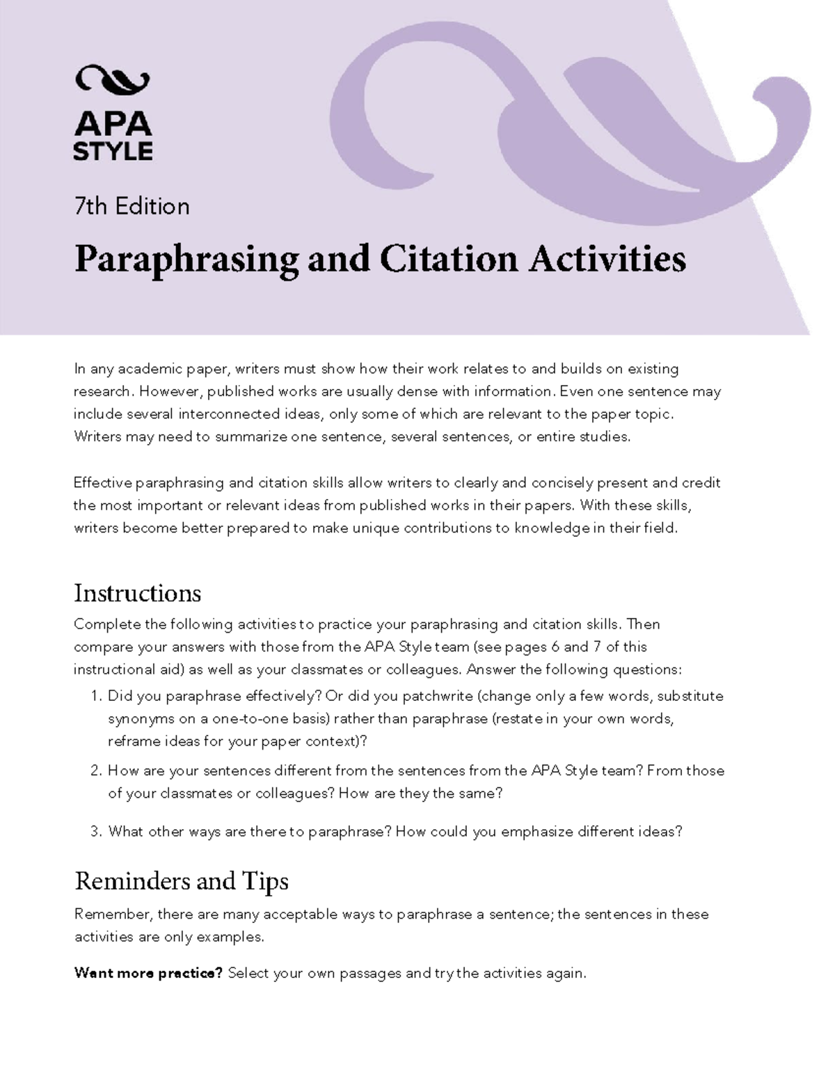APA 7th paraphrasing-citation-activities - 7th Edition Paraphrasing and ...
