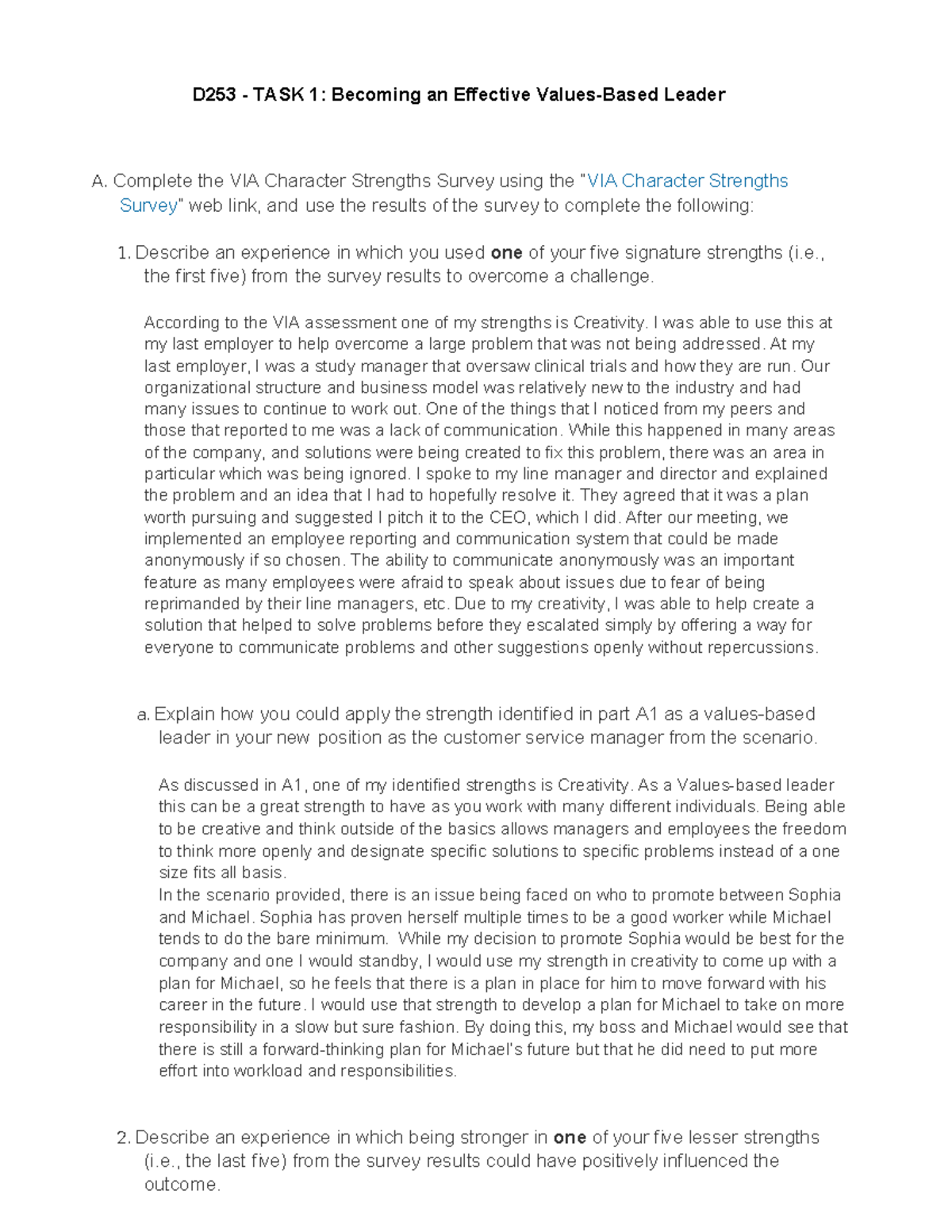 D253 Task 1 Complete - D253 - TASK 1: Becoming an Effective Values ...