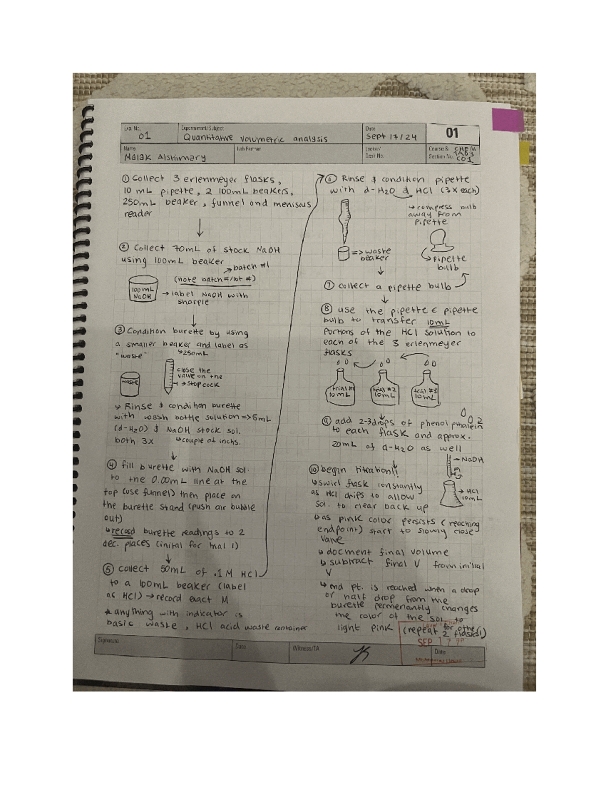 Exp 1 - data sheets - lab notes - Date Exp. No. 01 sept 01 Quantitative ...