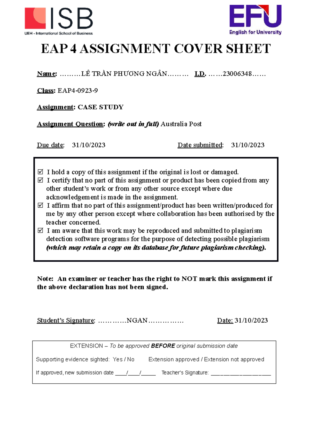 EAP4 Assignment cover sheet - EAP 4 ASSIGNMENT COVER SHEET Name: ........Ê TRẦN PHƯƠNG NGÂN ...