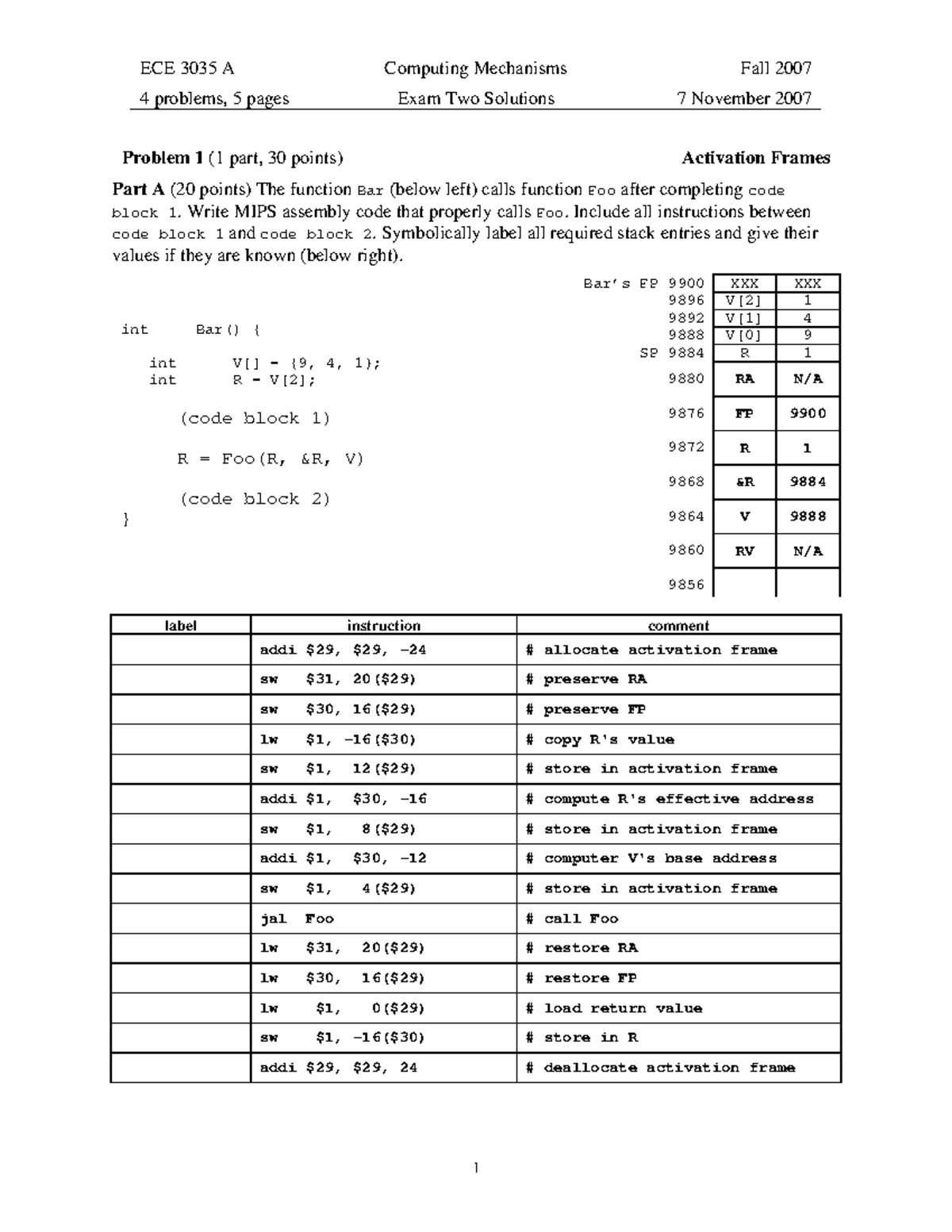 FA07 Exam 2 Soln - Exam Papers - 4 problems, 5 pages Exam Two Solutions 7 November 2007 Problem ...