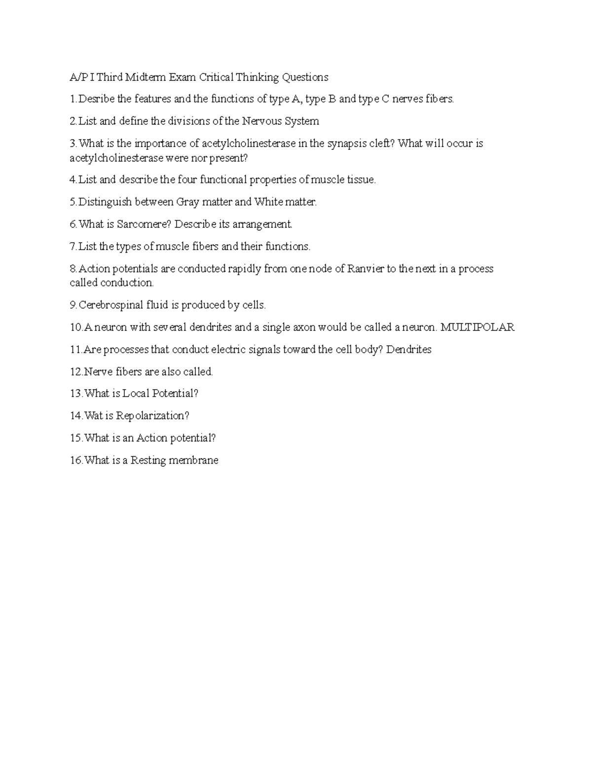 Critical Thinking API Third Midterm Exam-1 - A/P I Third Midterm Exam ...