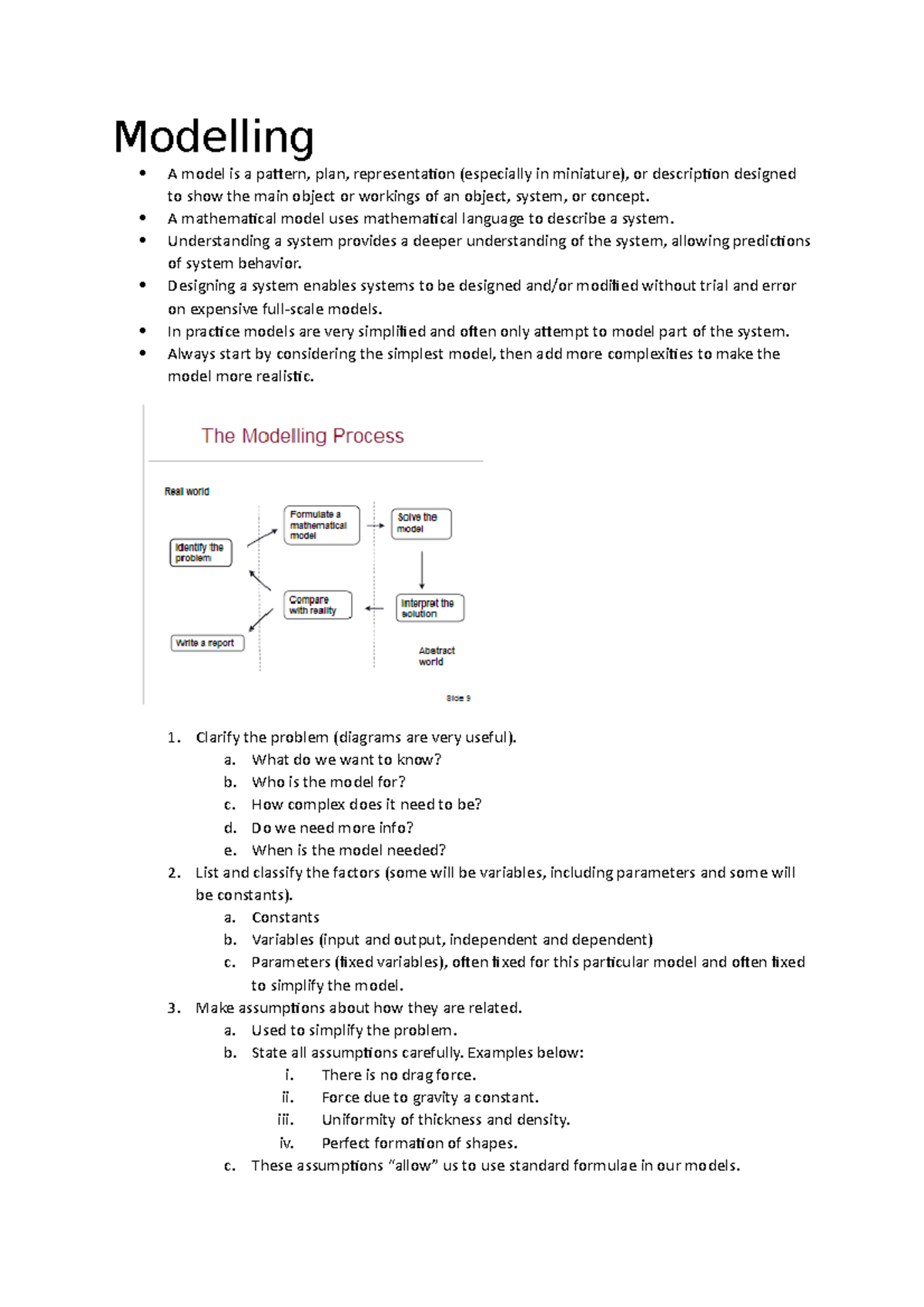 ENGSCI111 Modelling Notes - Modelling A model is a pattern, plan ...