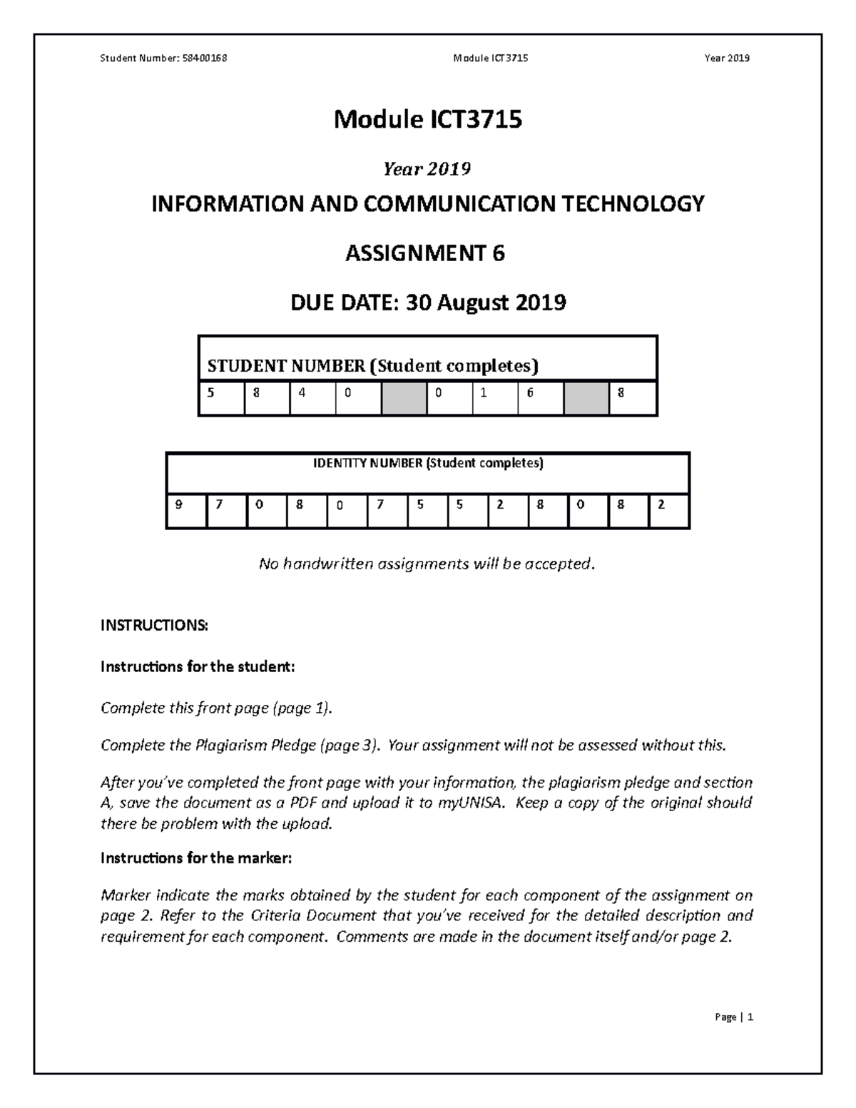 Assignment 6 template - Copy - Module ICT Year 2019 INFORMATION AND ...