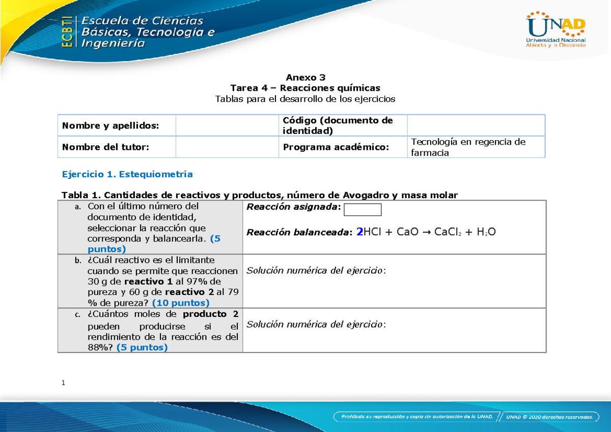 Anexo 3 - bkj nmkmj -,jbv - Anexo 3 Tarea 4 – Reacciones químicas Tablas para el desarrollo de ...