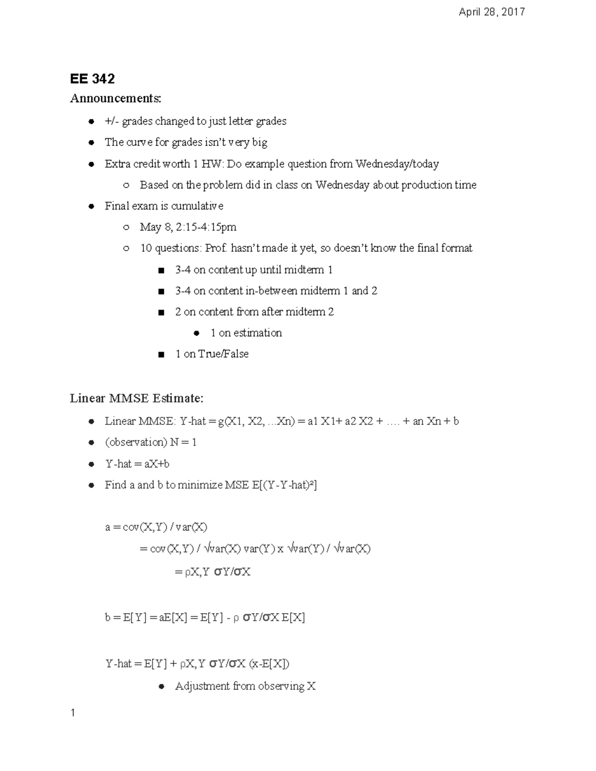 EE342 4.28.17 - On Linear MMSE Estimate - April 28, 2017 EE 342 ...